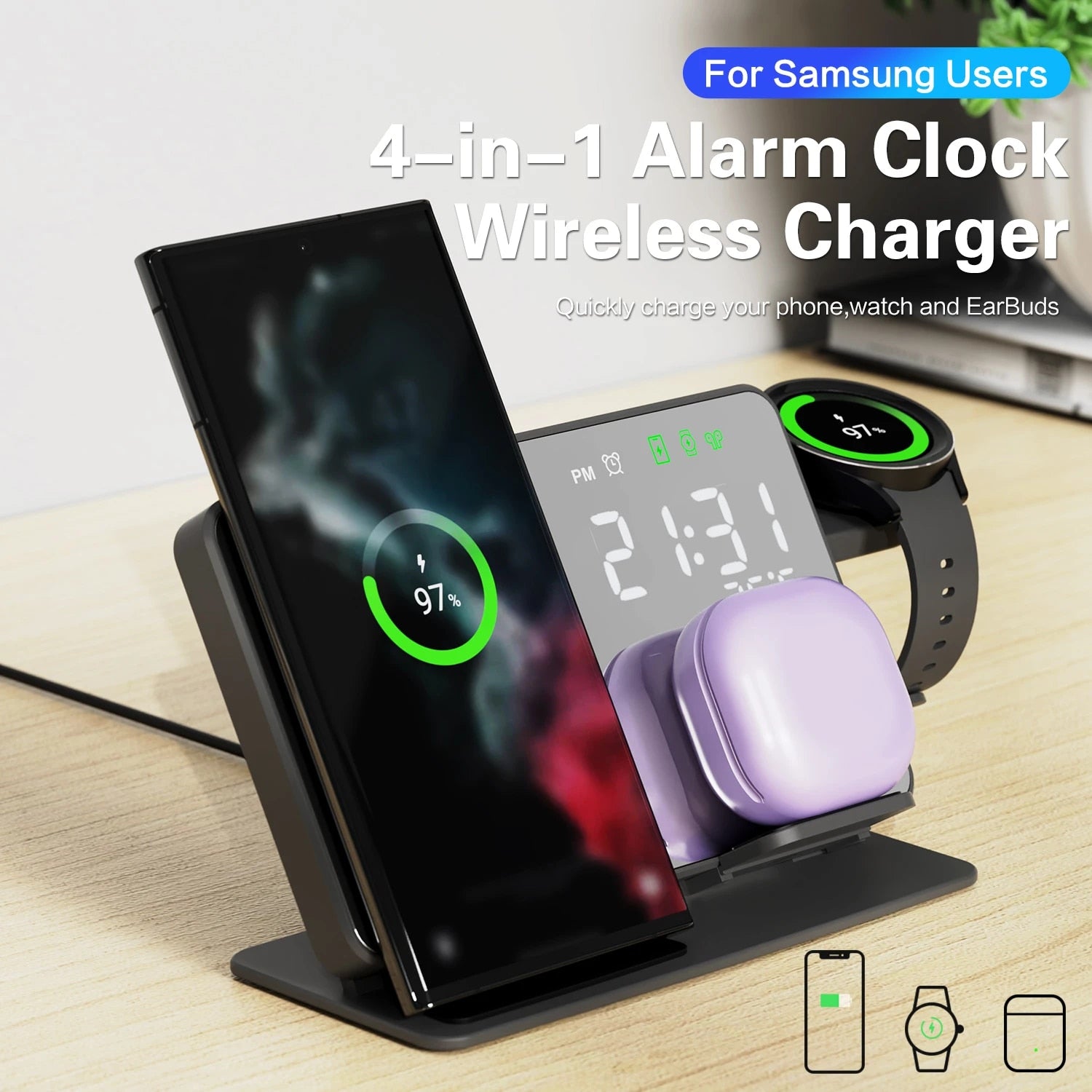 4 in 1 Wireless Fast Charger for Samsung Galaxy S23 Series With Alarm ...